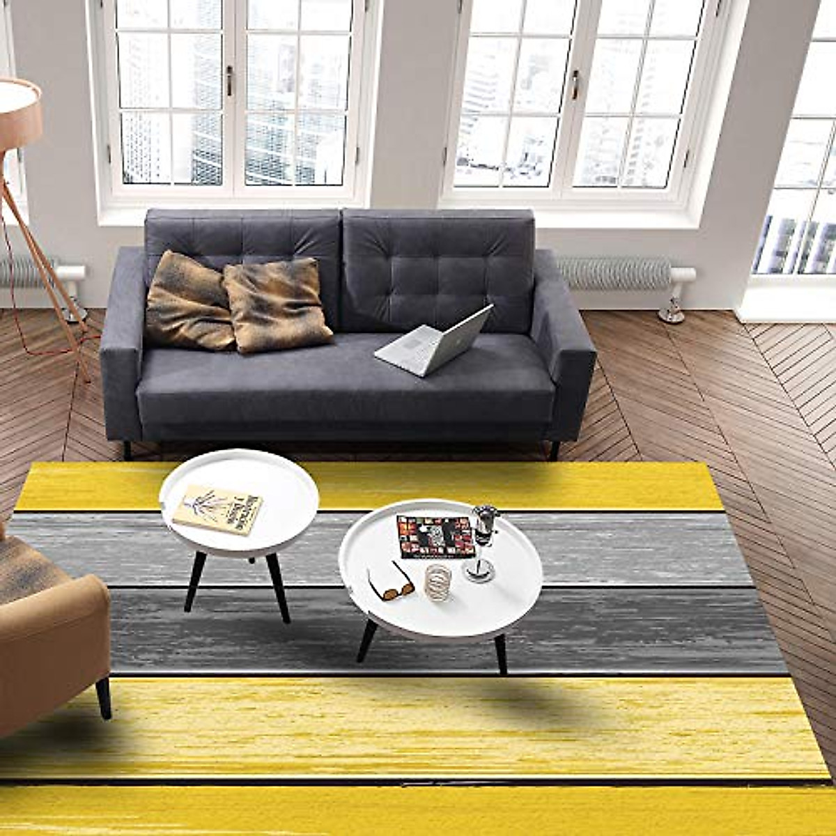 Yellow Grey Ombre Area Rugs for Living Room/Bedrooom, 4'x6' Area Rug Non-Slip, Farmhouse Wooden Striped Abstract Aesthetics Kids Room Area Rug Washable Accent Floor Carpet Runner Indoor Outdoor