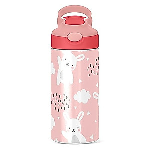 Kigai Pink Rabbit Kids Water Bottle, Insulated Stainless Steel Water Bottles with Straw Lid, 12 oz BPA-Free Leakproof Duck Mouth Thermos for Boys Girls