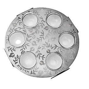 Unique Laser-Cut Stainless Steel Passover Seder Plate with Glass Insets, Matzah Cover + Towel Original Judaica Design (Lacey Pomegranates)