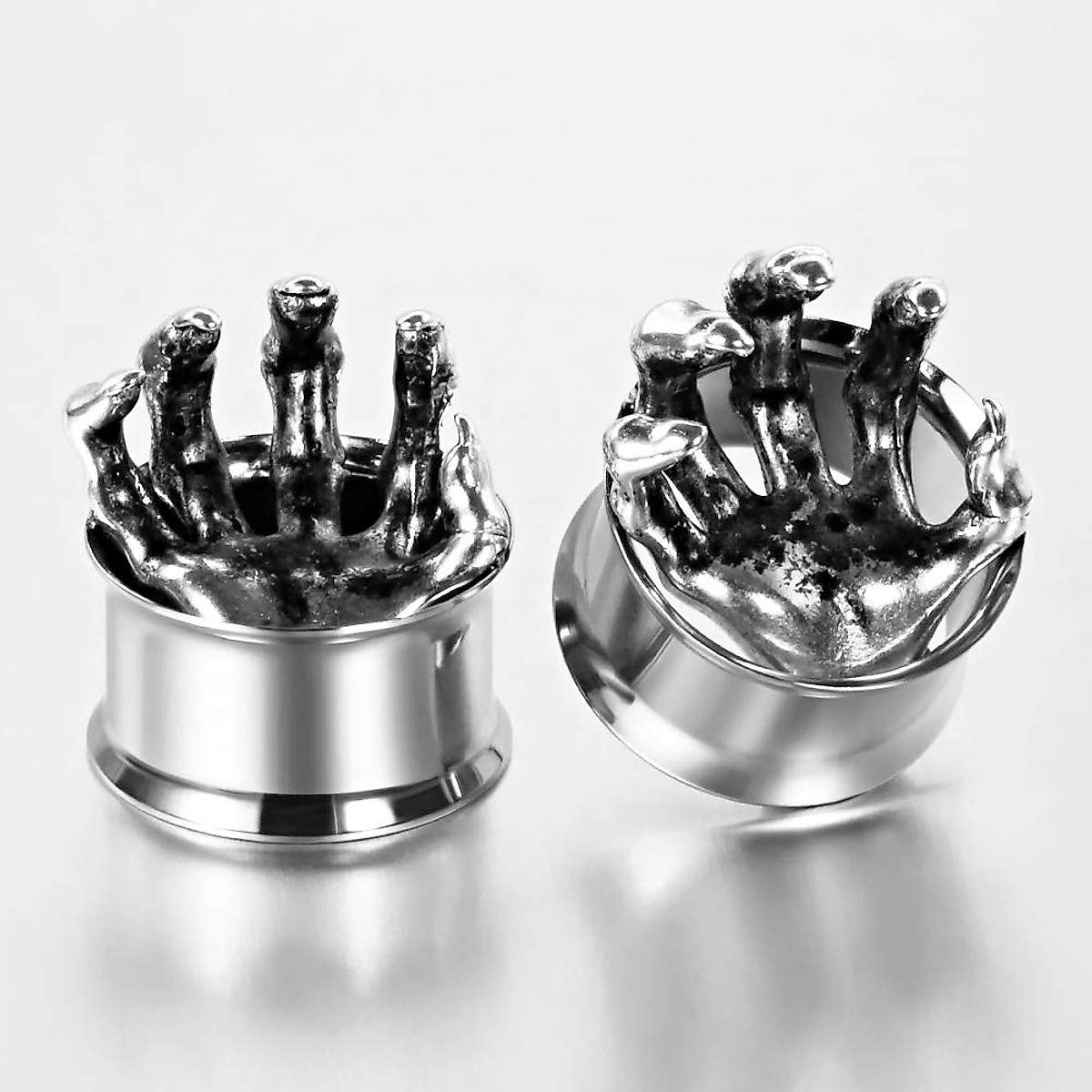 TBOSEN 2pcs Silver Cool Punk Rock Skeleton Skull Hand Bone Gauges For Ears Single Flared Ear Plugs And Tunnels 2g T 1 inch