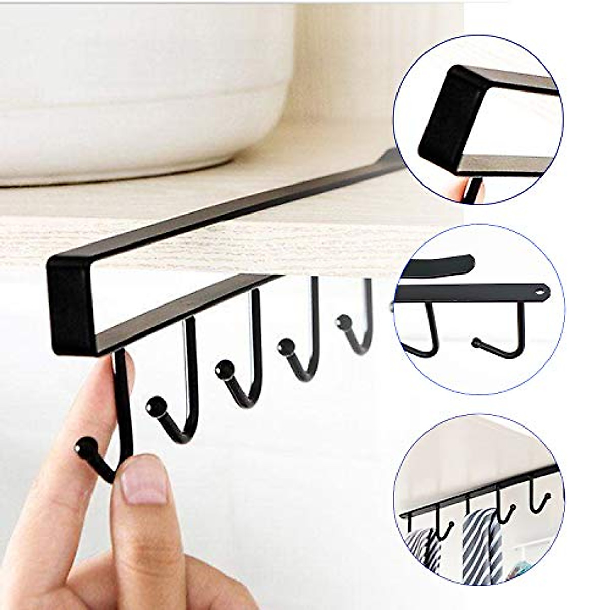 Evadow 5Pack 6-Hook Under Cabinet Mug Hook, Metal Iron Kitchen Storage Utensil Hooks with Free Nails and Screws, Black Wall Organizer Shelf Rack for Mugs, Cups, Teapot and Kitchen Utensils Display