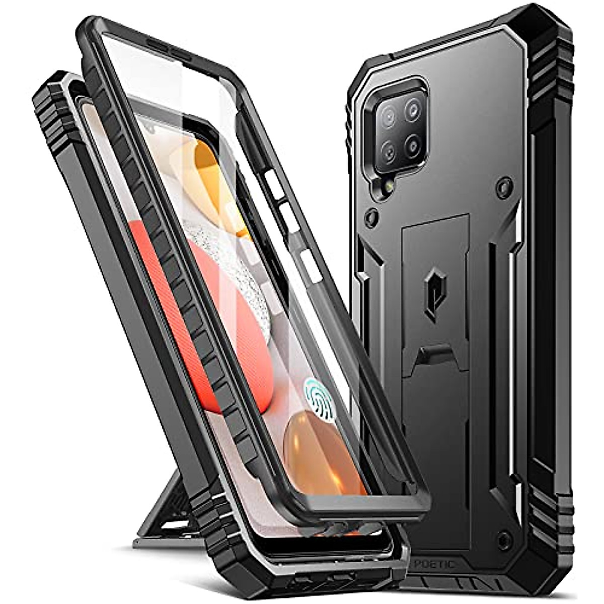 Poetic Revolution Case for Samsung Galaxy A42 5G, Built-in Screen Protector Work with Fingerprint ID, Full Body Rugged Shockproof Protective Cover Case with Kickstand, Black