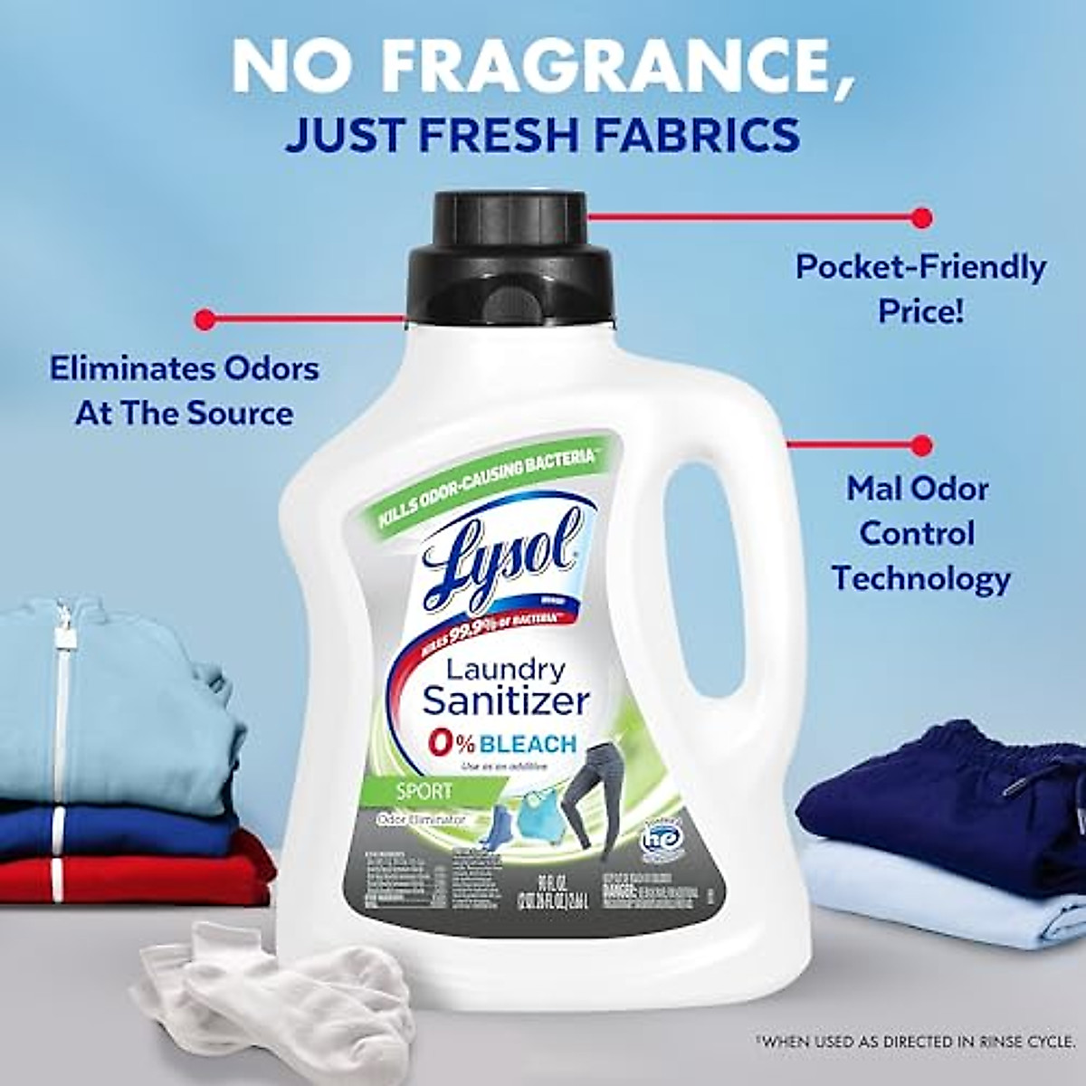 Lysol Sport Laundry Sanitizer Additive, Sanitizing Liquid for Gym Clothes and Activewear, Eliminates Odor Causing Bacteria, 90oz