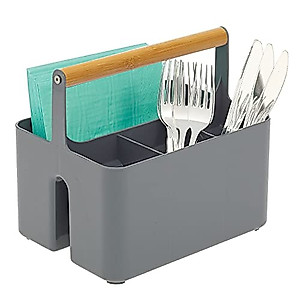 mDesign Plastic Portable Storage Organizer Kitchen Caddy Tote, Divided Bin with Wood Handle for Napkins, Silverware, Forks, Knives, Spoons - Store in Cabinets, Countertops - Charcoal Gray/Natural