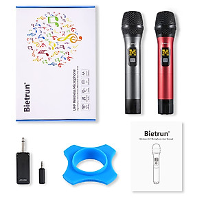 Wireless Microphone, Bietrun UHF Metal Dual Handheld Cordless Dynamic Mic System with Rechargeable Receiver, 1/4‘’Output, for Karaoke, Church, Speech, Wedding, Party Singing(160 ft Range)-Auto Connect