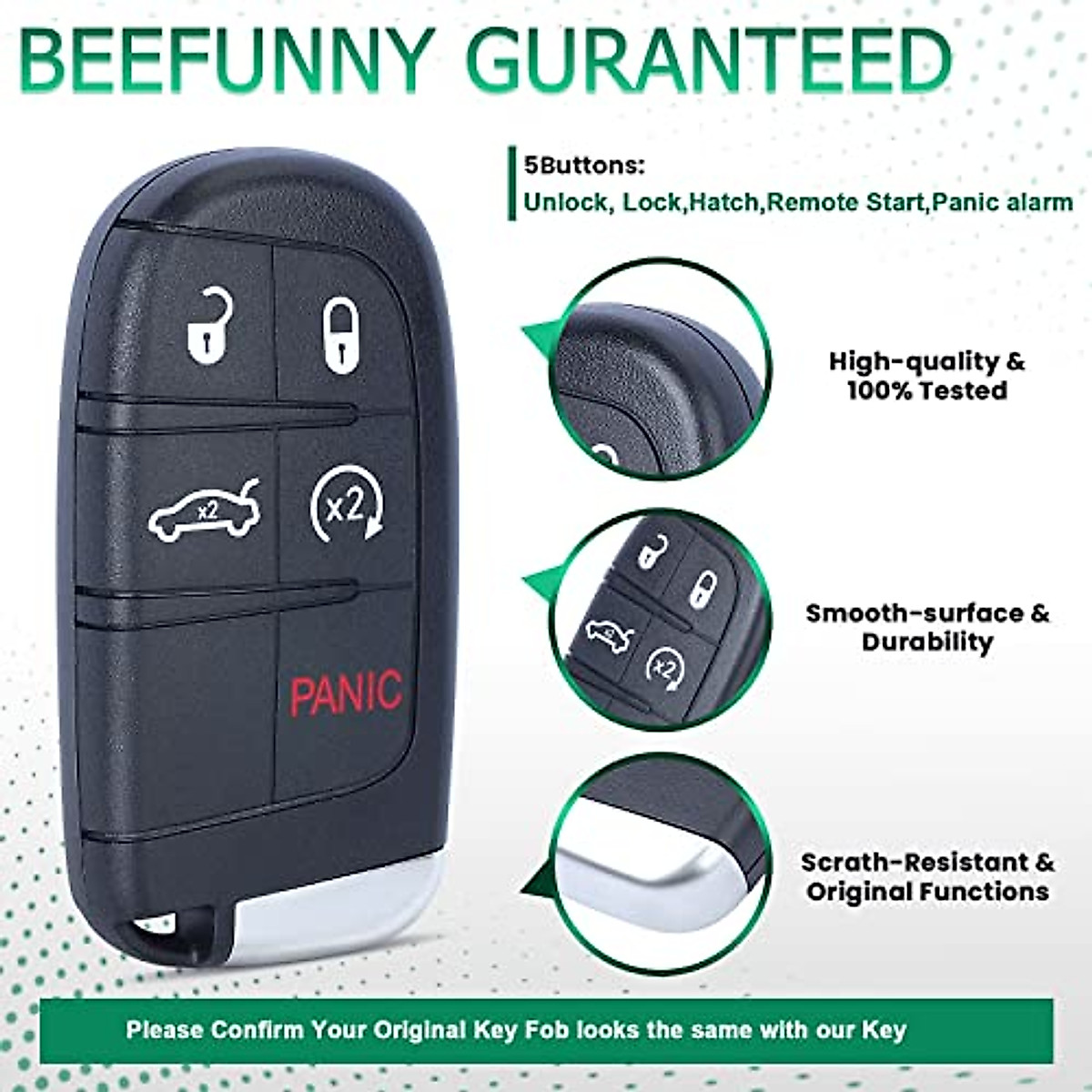 Beefunny 433MHz ID46 Chip M3N-40821302 Replacement 4+1 5 Button Smart Remote Key Fob for Chrysler 300 2011-2018 (1)