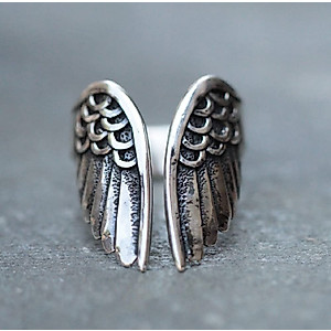 FLYYQMIAO Adjustable 925 Vintage Silver Angel Wing Open Rings Finger Ring Fashion Feather Cast Black Vintage Open Cuff Ring Punk Jewelry for Women Men