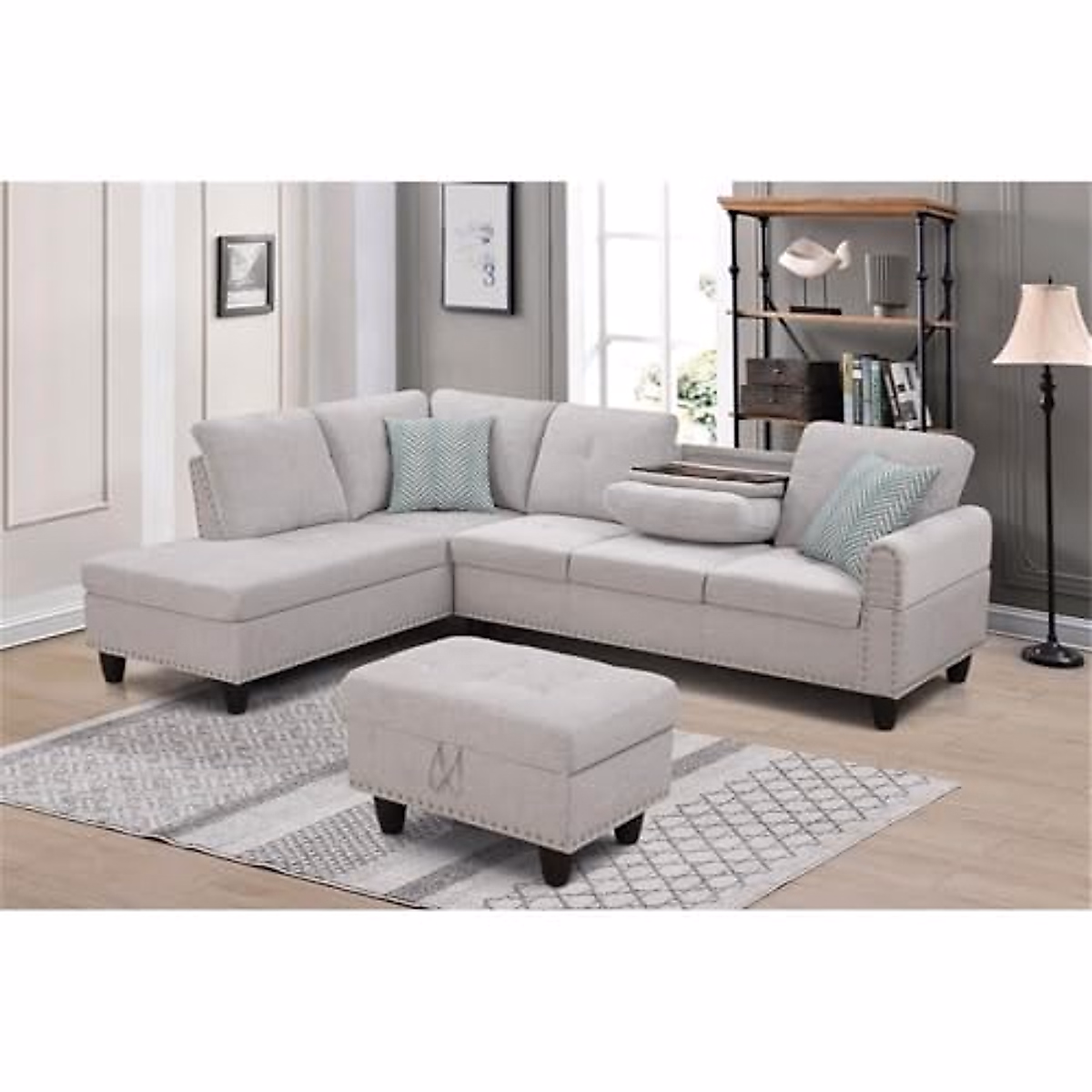 Devion Furniture Polyester Fabric Sectional Sofa with Lift-top Storage Ottoman, Tufted Design, in Light Gray Finish
