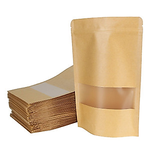 Ziqi 200pcs Kraft Ziplock Bag 5.9 x 8.7 Inch Reusable Kraft Pouch with Tear Notch and Matte Window for Food Storage, Stand Up Heat sealable Zipper Bags for Home or Business