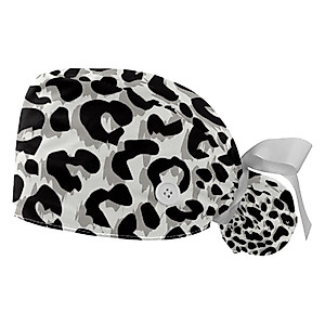 DEYYA 2 Packs Working Cap with Button for Women Long Hair Adjustable Elastic Bandage Tie Back Hats Bouffant Caps Abstract Leopard Texture, Multicoloured 4, Medium-3X-Large