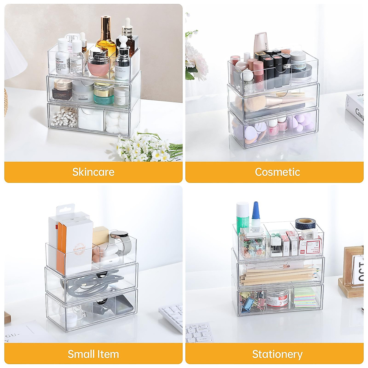 PAVSTINE Medicine Cabinet Organizer 3 Pack, Plastic Stackable Storage with 2 Drawers, Bathroom Mirror Cabinet Organizer with Removable Dividers for Wall Cabinet, Vanity, Countertop, Clear