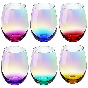 NiHome Stemless Wine Glasses 20oz 6-Pack Iridescent Gradient Rainbow Colors Large Water Glasses Margarita Glassware Set Wine Drinking Tumblers