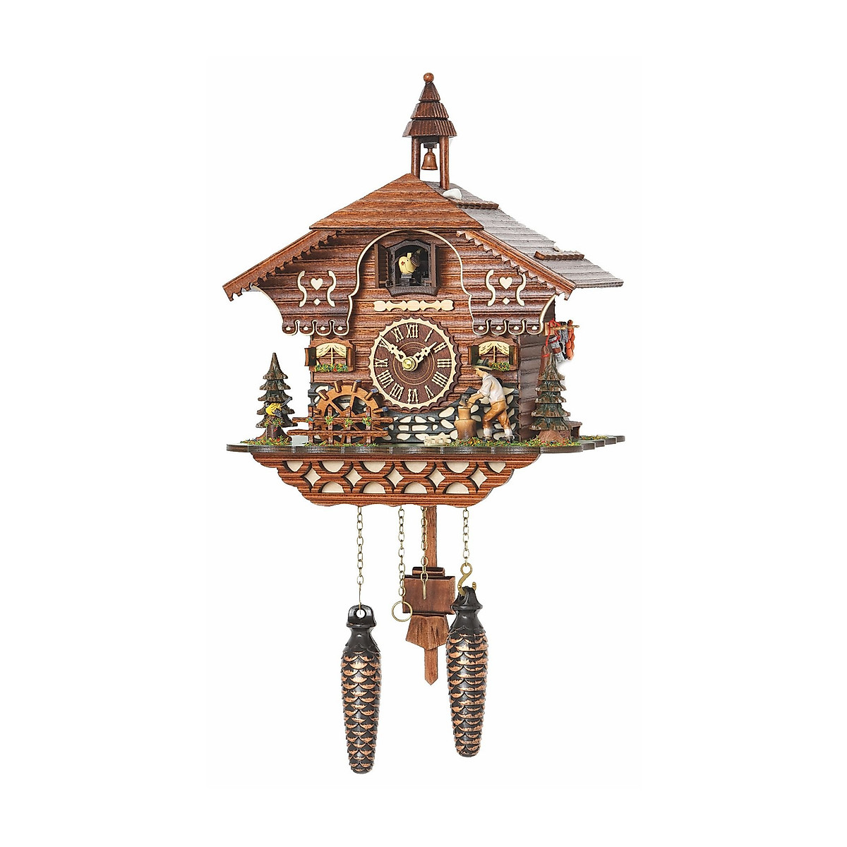 Trenkle Quartz Cuckoo Clock Black Forest House with Moving Wood Chopper and Mill Wheel, with Music TU 4217 QM