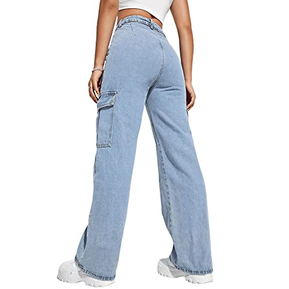 SweatyRocks Women's High Waist Cargo Jeans Flap Pocket Wide Leg Denim Pants Light Wash S