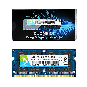 DUOMEIQI Ram DDR3 8GB Kit (2 X 4GB) PC3-8500 PC3 8500S DDR3 1066MHz SO-DIMM CL7 204 Pin 1.5v 2RX8 Sodimm DDR3 Non-ECC Unbuffered Notebook Memory Laptop RAM Modules