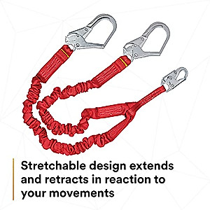3M Protecta PRO 1340161 6', 100-Percent Elastic Shock Absorbing Lanyard, Snap Hook At Center, Steel Rebar Hooks On Leg Ends, 310 lb. Capacity, Red