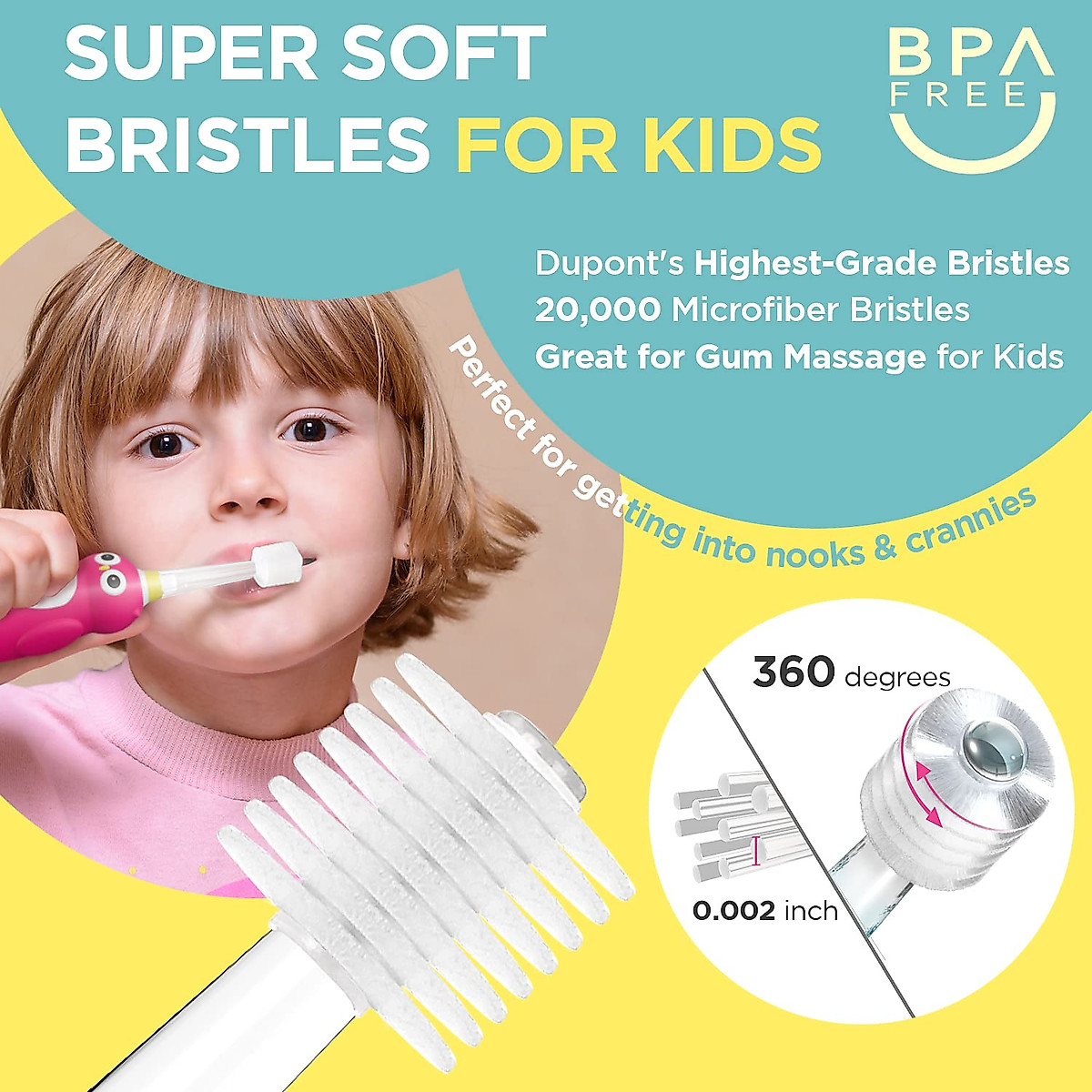 MEGATEN Kids 360 Degree Ultrasonic Electric Toothbrush Refill Brush Head - Made in Korea - Soft Microfiber Bristles - BPA Free - Over 48months, Medium 4ea