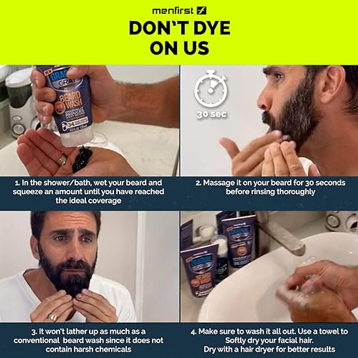 MENFIRST Gradual Gray Darkening Beard Wash - Gray Reducing Beard Wash, Beard Color Shampoo for Men - Hypoallergenic & Harsh Chemical-Free Beard Dye for Men - For Dark Shades, 4.6 Fl Oz (Pack of 1)