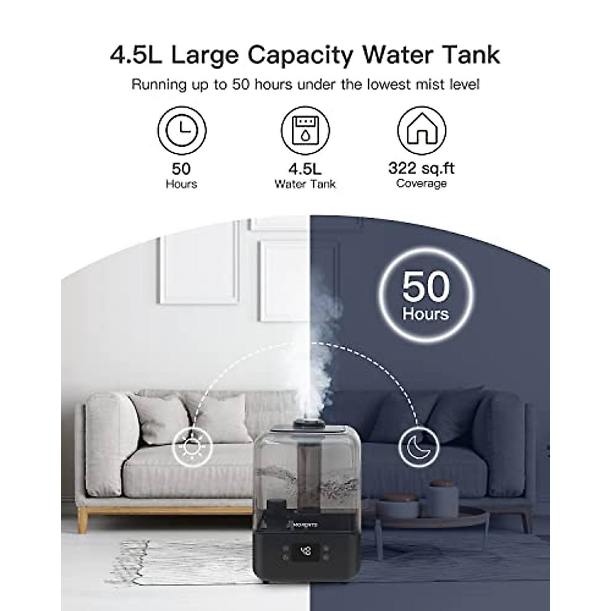 Humidifier for Bedroom Large Room, MORENTO 4.5L Top Fill Cool Mist Humidifier for Baby and Plants, Essential Oil Diffuser, Last up to 50Hrs with Night Light, Humidity Setting, Auto Shut-Off, Black