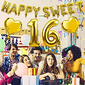 Lnlofen Happy Sweet 16 Balloon Banner with 2 Heart Foil - Gold 16th Birthday Party Decorations - Happy Sixteen Party Decorations Supplies