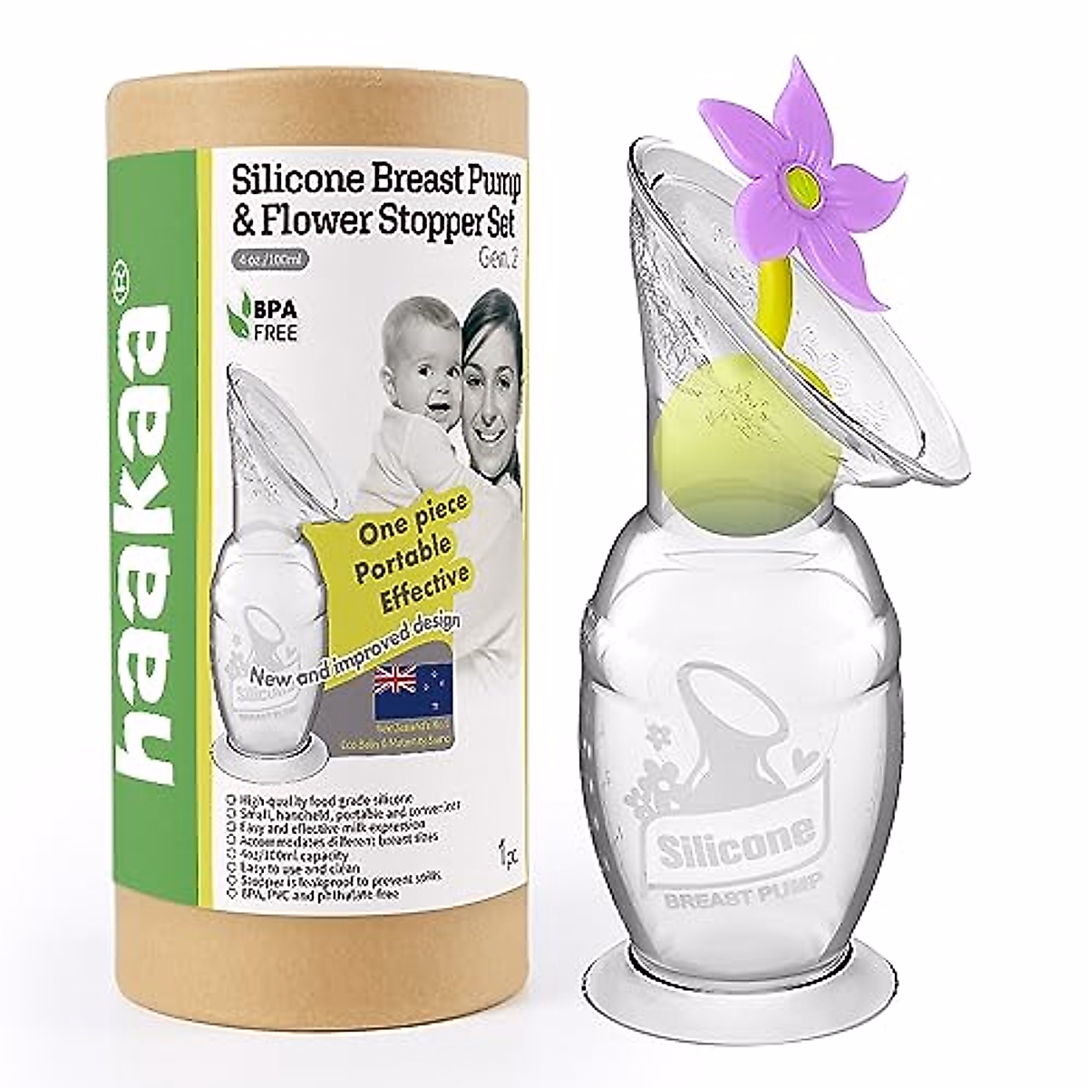 haakaa Manual Breast Pump Hand Pump Milk Pump Breast Milk Collector with Suction Base and Flower Stopper 100% Food Grade Silicone BPA Free (4oz/100ml) (Purple)