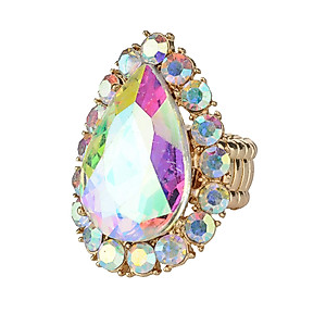 NYFASHION101 Women's Teardrop Stone Studs Fashion Stretch Ring, Aurora Borealis/Gold-Tone