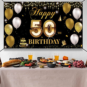 HTDZZI 50th Birthday Banner Backdrop, Happy 50th Birthday Decoration Men Women, 50 Year Old Birthday Party Yard Sign Black Gold, 50th Birthday Photo Booth Props Decor, Fabric, 6.1ft x 3.6ft