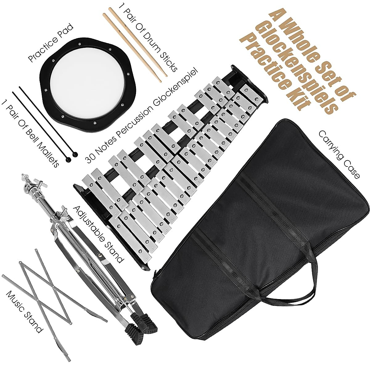 Giantex Percussion Glockenspiel Bell Kit 30 Notes, Xylophone with Adjustable Height Frame, Music Stand, 8" Practice Pad, Bell Mallets, Drumsticks, Carrying Bag, for School Band Beginner Student