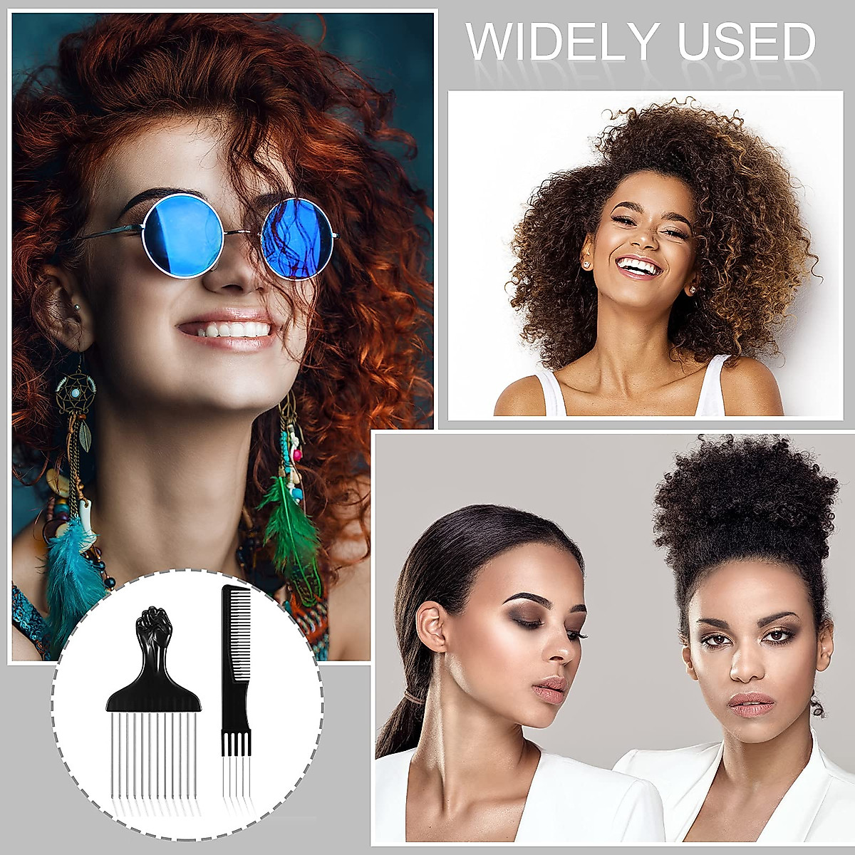 3 Pieces Hair Lift Combs with Metal Prongs for Women - Salon Teasing Back Combs in Pink or Black Carbon with Stainless Steel (Black)