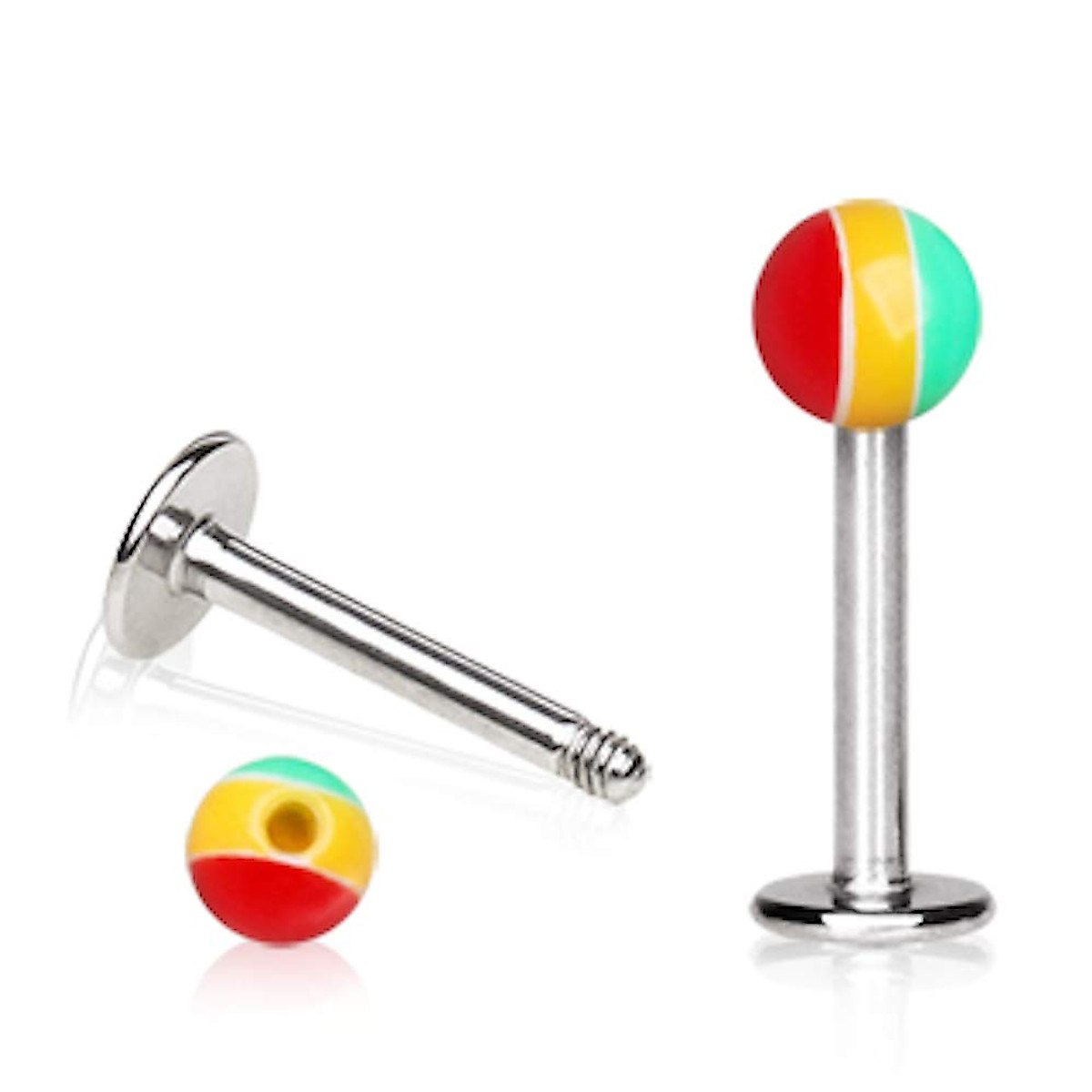 Covet Jewelry 316L Surgical Steel Labret with UV Rasta Ball (16GA, Length: 5/16", Ball Size: 4mm)