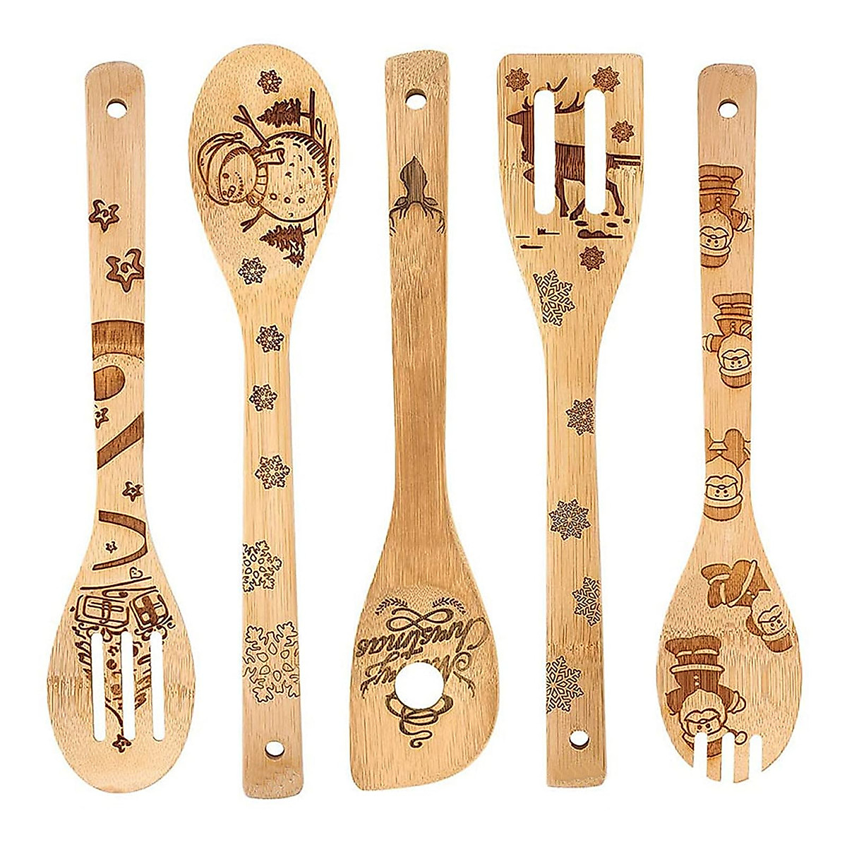 Bamboo Cooking Utensils Christmas Set of 5, Halloween Bamboo Spoons & Forks, Christmas Burned Bamboo Spoons and Forks, Christmas Bamboo Utensil Set Burned (Pattern B)