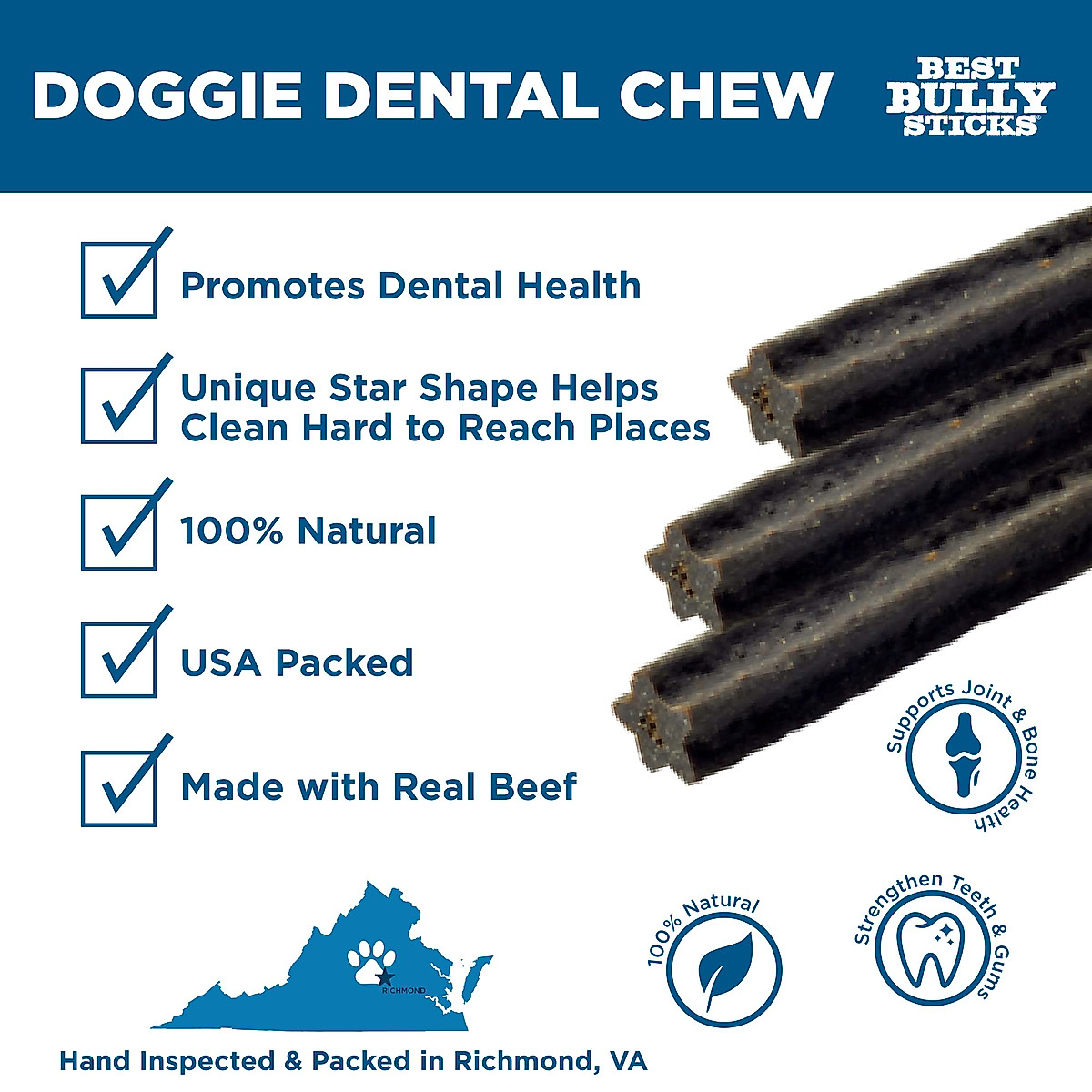 All-Natural Doggie Dental Chews - Star Shaped Beefy Dental Chews - Limited Ingredient, Collagen, Real Beef, Easily digestible - Promotes Dental Hygiene and Health - 10 Pack