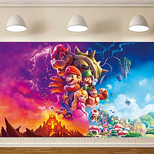 Super Brother Backdrop for Birthday Party Decorations, Mario Background for Baby Shower Party Cake Table Decorations Supplies, Mario Theme Banner (5.9ft*3.6ft-3)