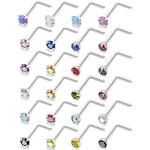 Lsnevsie Nose Rings Studs for Women 22G 316L Surgical Stainless Steel L Shaped Curved l Silver Opal Hypoallergenic Nose Stud Ring Body Piercing Jewelry for Men Diamond CZ 3mm