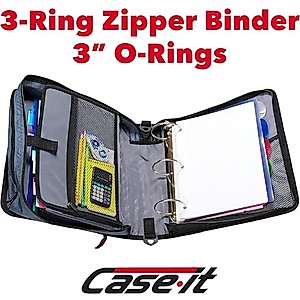 Case-it Mighty Zip Tab Zipper Binder, 3" O-Ring with 5-Color tabs, Expanding File Folder and Shoulder Strap and Handle, D-146-JBK Jet Black