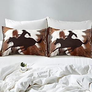 Western Cowboy Sheet Set King Size Brown Cow Fur Print Fitted Sheet Rustic Farmhouse Bedding Set 4Pcs for Kids Boys Men Teens Room Decor Horse Racing Themed Top Flat Sheet,2 Pillowcases