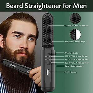 Beard Straightener for Men, REHOYO Portable Cordless Hair Straightener, Anti-Scald Heated Beard Brush, Electric Hot Comb 3 Temp Settings, Ionic Mini Straightener for Home Travel, Gifts for Men Him