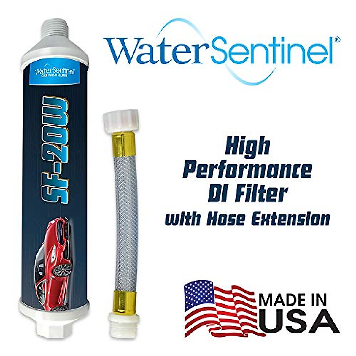 WaterSentinel SF-20W Spotless Car Wash Inline Deionized Water Garden Hose Water Filter & Extension Adapter for RV, Boat, Marine, Motorcycle, Home, Windows, Spot Free Wash, Solar Panels