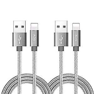 RoFI Phone Charger Cable, [2Pack 2 Feet] Nylon Braided Fast Charging USB Cord 0.6M Compatible Phone X 8 8 Plus 7 7 Plus 6s 6s Plus 6 6 Plus 5 5S 5C SE Air Mini and Car Display (Silver)