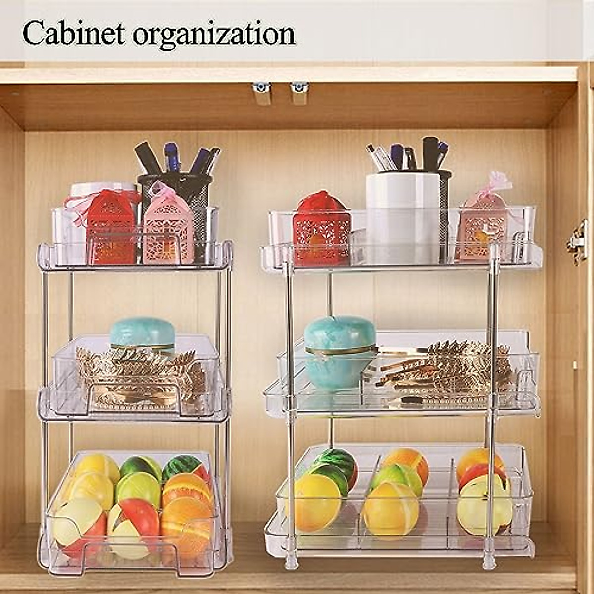LazyWomen 2 Pack Clear Drawer Organizers with Dividers, Pantry Organizers and Storage, Under Sink Organizer Closet Organizer, for Cosmetic Skincare Kitchen Storage (2 Pack - 3 Tier)