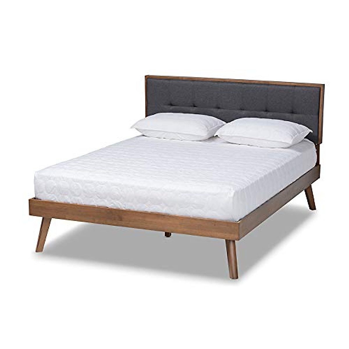 Wholesale Interiors Baxton Studio Alke Mid-Century Modern Dark Grey Fabric Upholstered Walnut Brown Finished Wood King Size Platform Bed