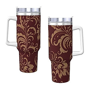 Xiexide 40oz Rustproof Outdoor Flower Maroon Gold Floral Classy Antique Double Walled Vacuum Insulatedith Handle And Straw,Hot & Cold Drinks