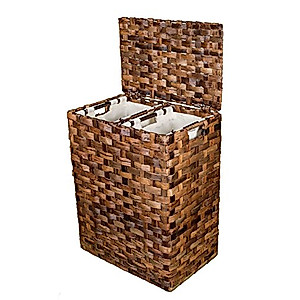 BIRDROCK HOME Abaca Divided Flat Weave Laundry Hamper with Bags - Hand Woven Clothes Basket - Sorter Hampers - Espresso