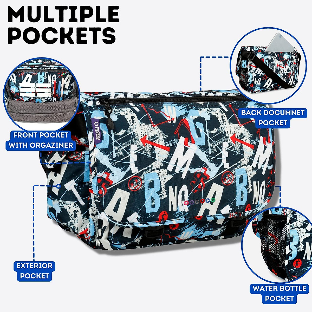 J World New York luggage Terry for Women. Girls School Kids Messenger Bag, Graffiti, One Size US