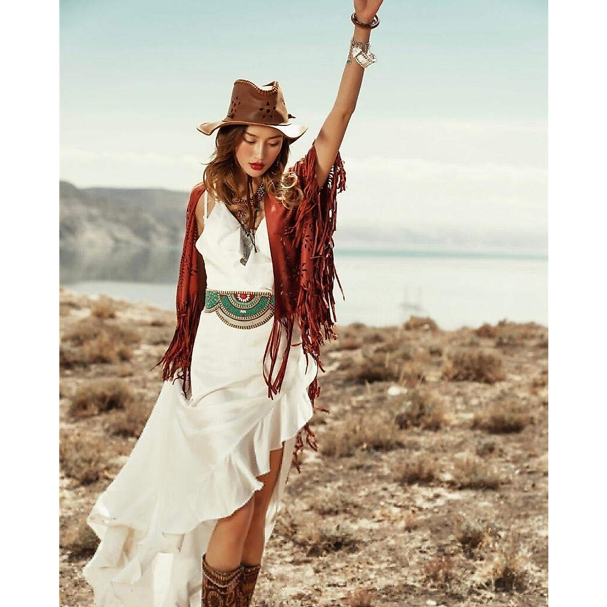 idealway Bohemian Women Belt Ethnic Beaded Elastic Stretch Adjustable Belt Waist Belly Chain Body Jewelry (B)