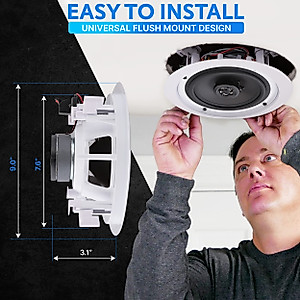 Pyle Pair 6.5” Flush Mount In-wall In-ceiling 2-Way Home Speaker System Spring Loaded Quick Connections Dual Polypropylene Cone Polymer Tweeter Stereo Sound 200 Watts (PDIC1661RD) White
