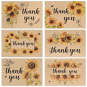 AnyDesign 36 Pack Kraft Sunflower Thank You Cards Assortment Bulk Spring Summer Flower Blank Note Cards with Envelope Stickers Floral Thank You Greeting Cards for Wedding Baby Bridal Shower, 4 x 6