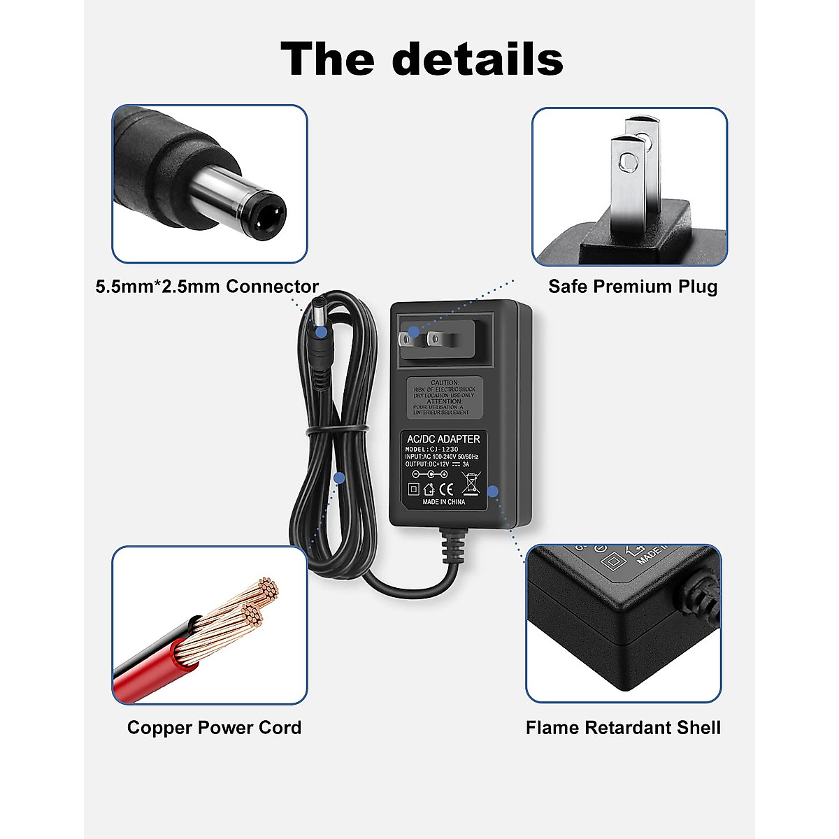 DC 12 Volt 3 Amp Power Supply 36W AC Adapter 100-240V 50-60Hz AC to DC 12V Power Cord with 5.5mmx2.5mm DC Barrel & 10 Tips for LED Strip Light CCTV Camera Routers [DC 12V 3A]