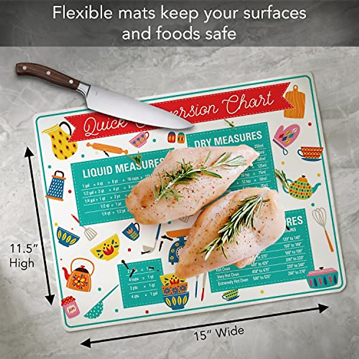 Cut N' Funnel Quick Conversion Measurement Chart on Flexible Cutting Board Mat Made in the USA of BPA Free Food Grade Plastic