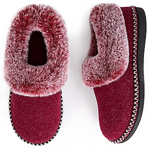 EverFoams Women's Luxury Wool Memory Foam Slippers with Fluffy Faux Fur Collar and Indoor Outdoor Sole (Burgundy, Size 7 M US)